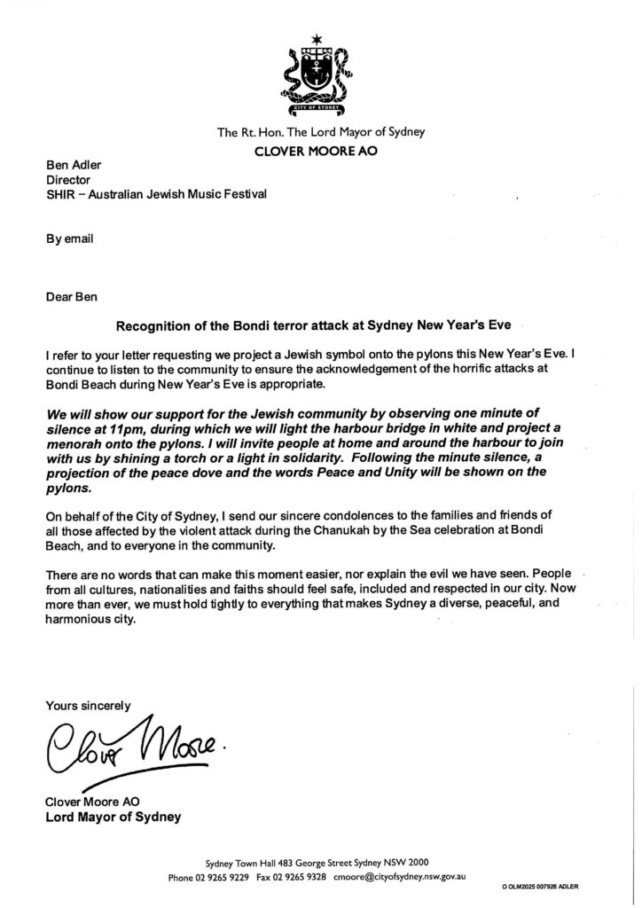 Letter from Lord Mayor of Sydney re support for Jewish community – J-Wire